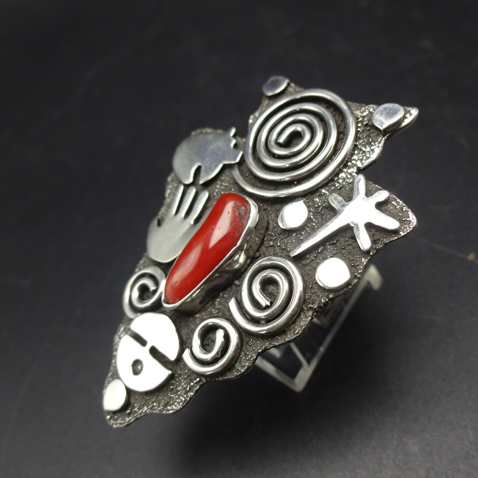 Alex Sanchez NAVAJO Sterling Silver PETROGLYPH RED CORAL Arrowhead RING ...
