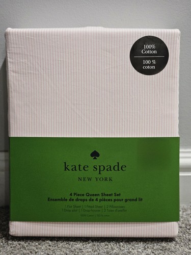 🤍New Kate Spade 4 Piece Queen Sheet Set Baby Pink/White Stripes Cotton ...