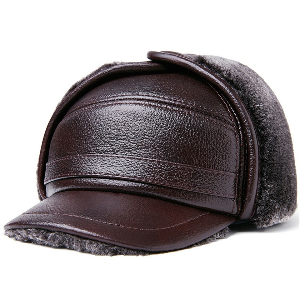 Men's Genuine Leather Winter Warm Trapper Warm Hat Baseball Cap Outdoor ...