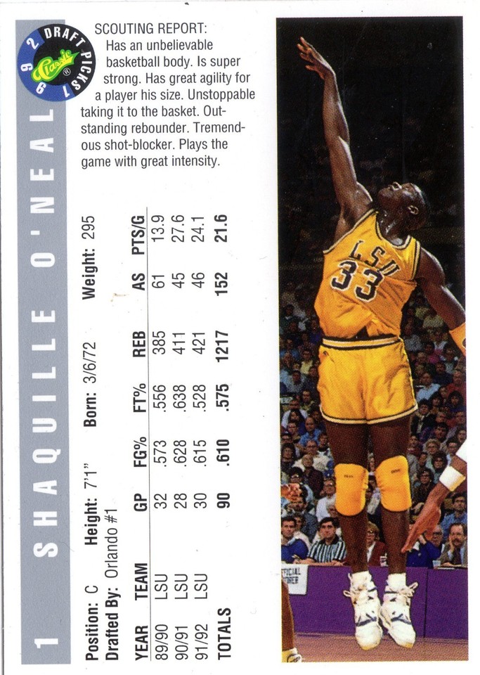 Shaquille O’neal Rookie Card SHAQ 1992 Classic Draft Pick LSU Collector ...