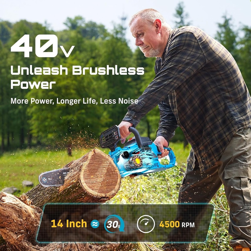 16-Inch Cordless Chainsaw 40V Battery Logging Cutting Pruning 2X4000 ...