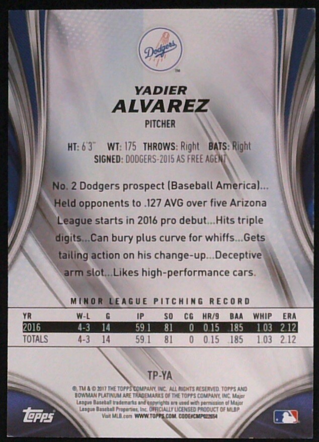 2017 Bowman Platinum Yadier Alvarez #TP-YA BASEBALL Los Angeles Dodgers ...