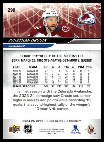 2024-25 Upper Deck #290 Jonathan Drouin Colorado Avalanche Hockey Card ...