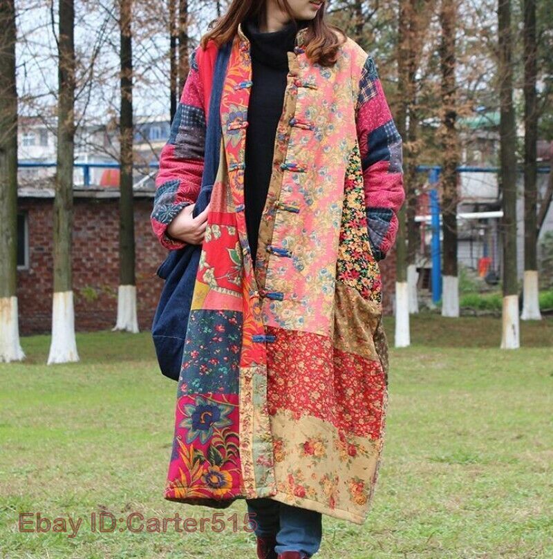 Pastoral Style Women Cotton-padded Coat Thick Warm Retro Patchwork Long Jacket L | eBay