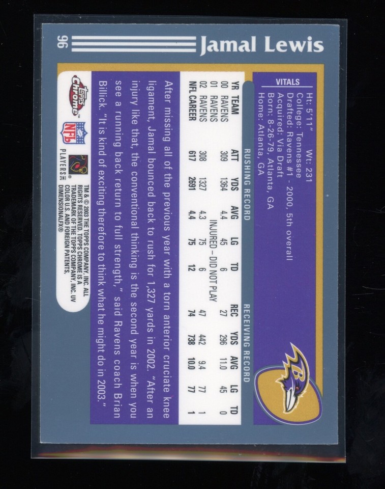 2003 TOPPS CHROME JAMAL LEWIS #96 BALTIMORE RAVENS | eBay