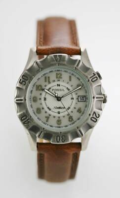 Fossil Watch Men Light Date 24hr Brown Leather Light Stainless Silver ...