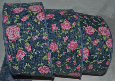 Wired Ribbon~Cottage Pink Calico Rose Flower~Blue~Green~2.5"~Country ...