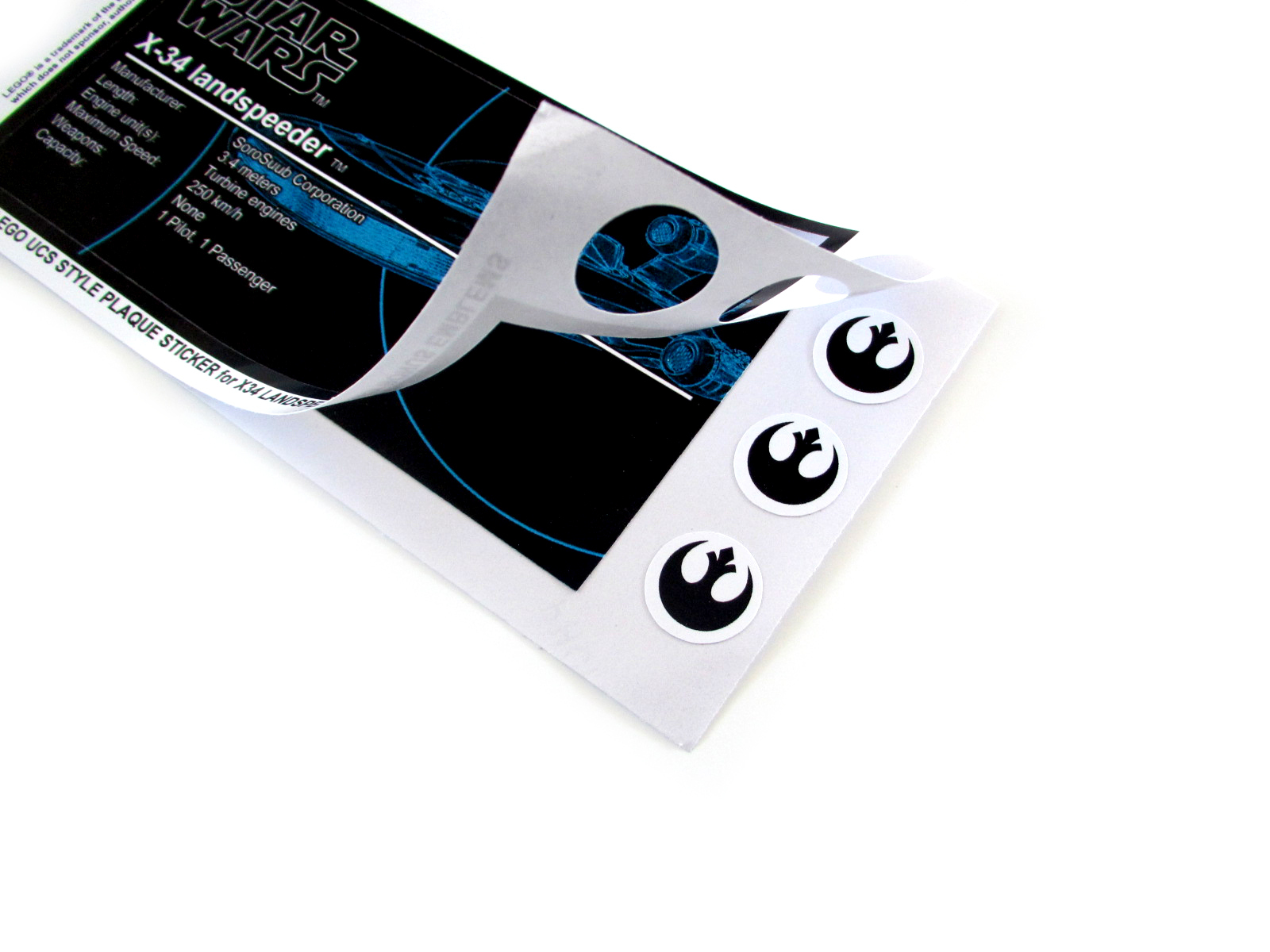 CUSTOM UCS STYLE PLAQUE STICKER for STAR WARS X-34 LANDSPEEDER + BONUS ...