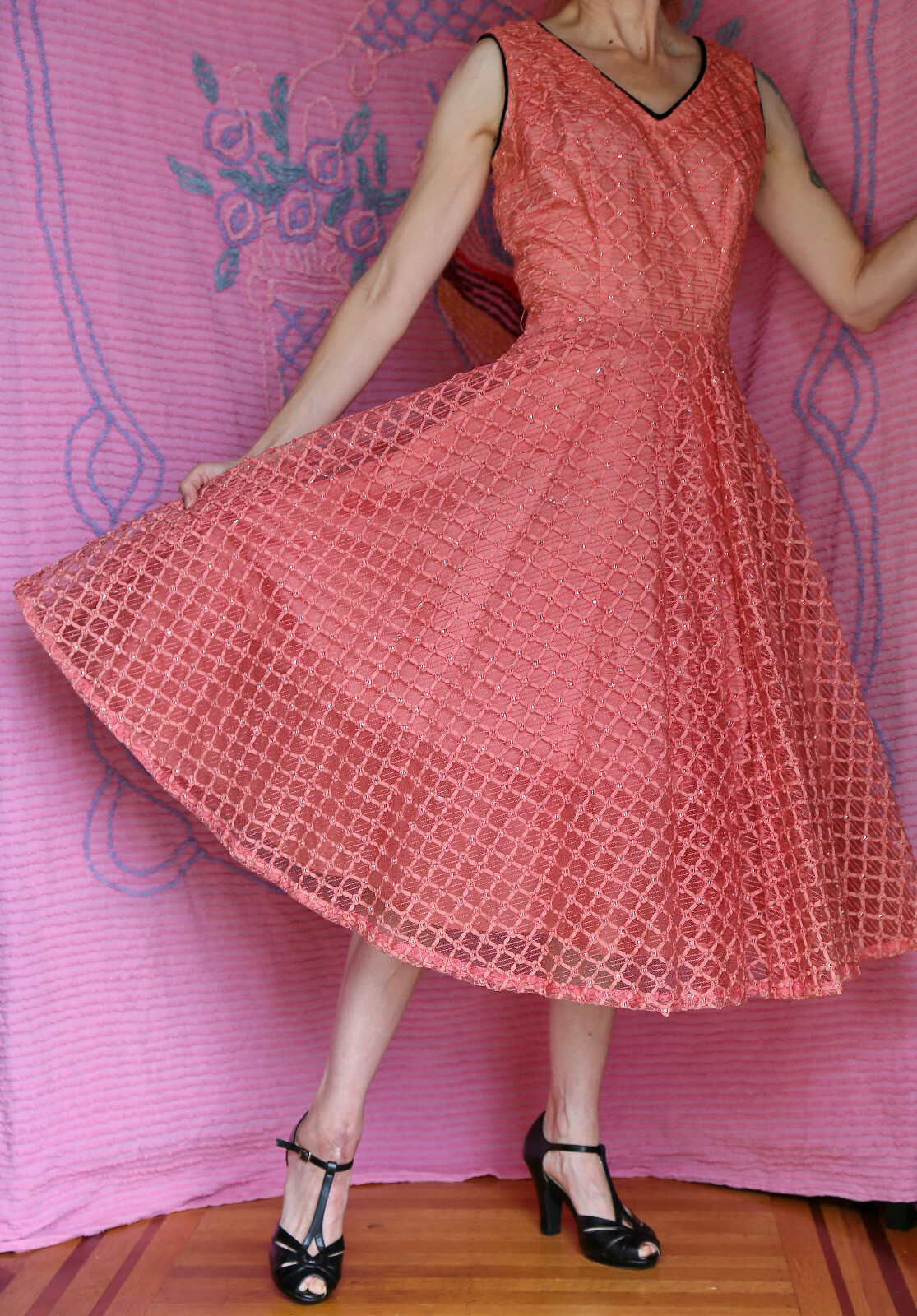 Vintage 1950s Coral Peach Salmon Prom Party Dress Rib… - Gem