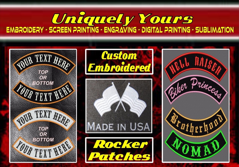 CUSTOM EMBROIDERED MC ROCKER PATCH 13" TOP OR BOTTOM MOTORCYCLE JACKET ...