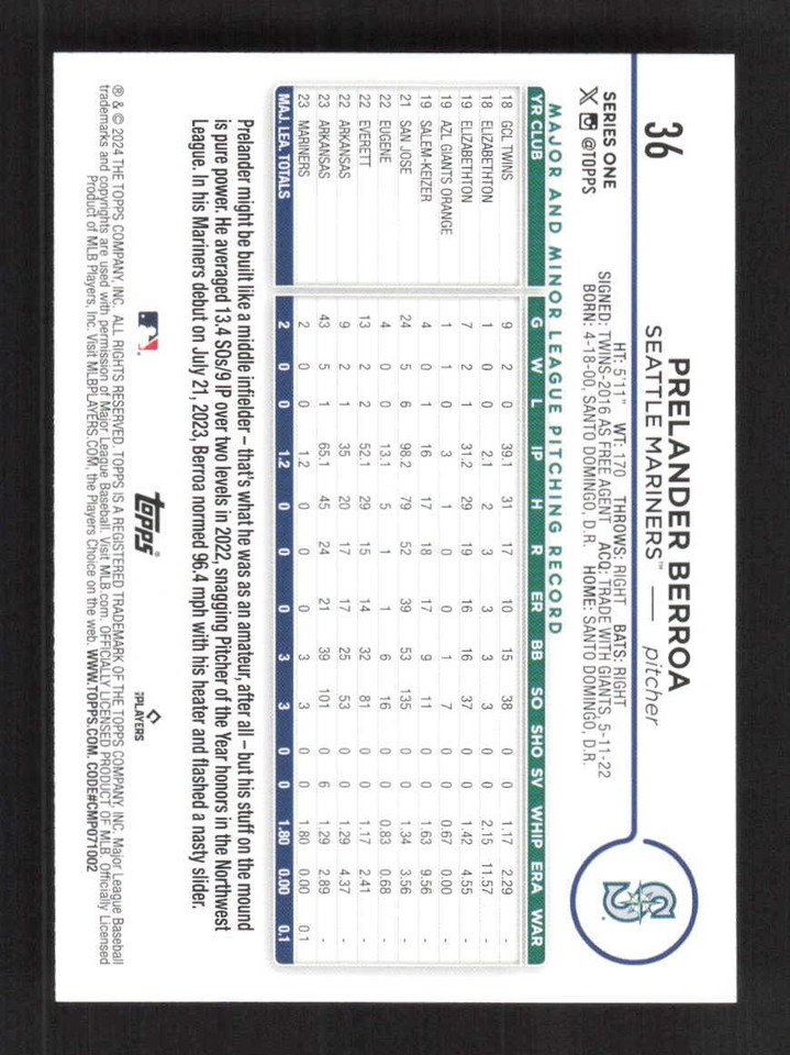 Prelander Berroa RC 2024 Topps Series 1 Seattle Mariners #36 | eBay