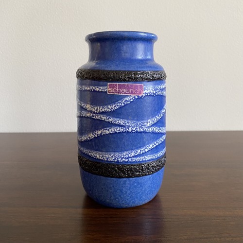 Scheurich West Germany Blue Fat Lava Pottery Vase White Wave Lines 231 ...