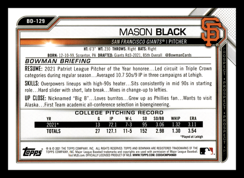 2021 1st Bowman Draft Mason Black San Francisco Giants #BD-129 Mint | eBay