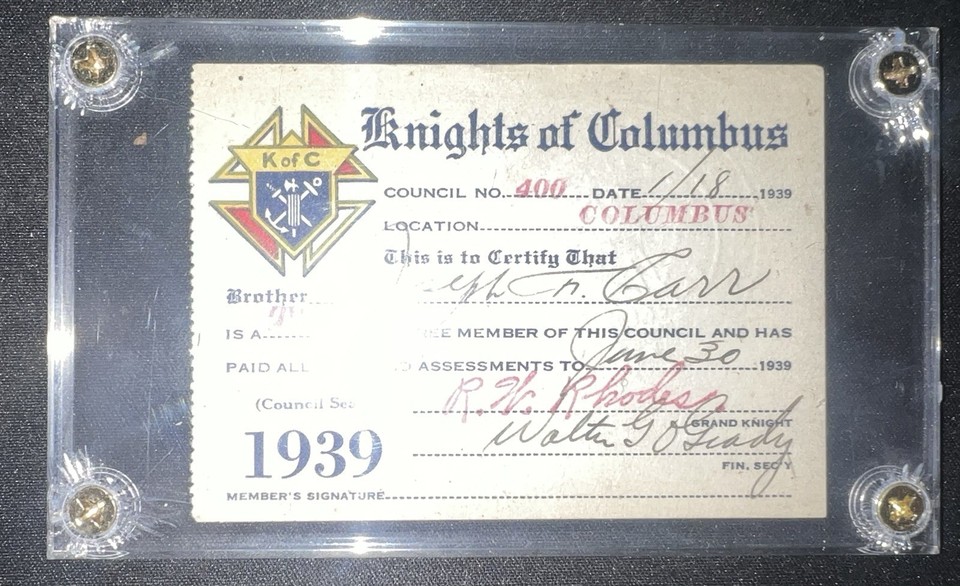 Joe Carr Knights Of Columbus Membership Card From The Joe Carr ...