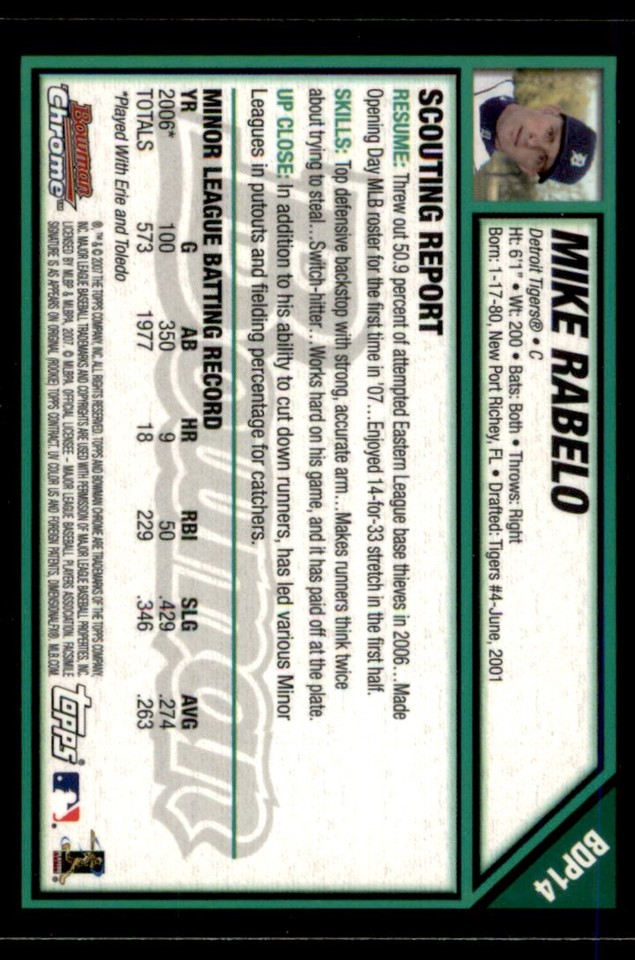 2007 BOWMAN DRAFT PICKS & PROSPECTS CHROME MIKE RABELO DETROIT TIGERS # ...
