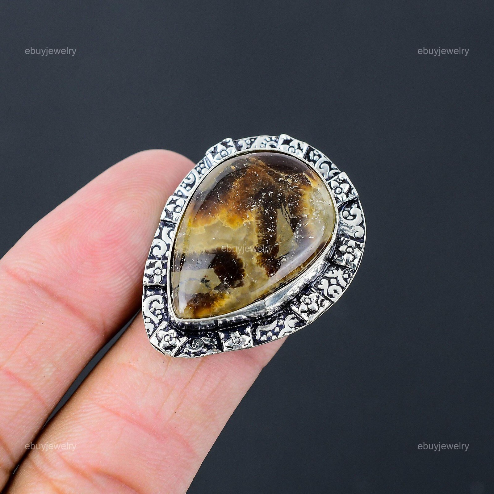 Natural Septarian Gemstone Solitaire Ring Size 7.5 925 Sterling Silver ...