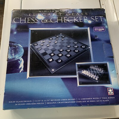 VINTAGE Glass Chess Set 32 Chessmen Board Game Checkers 3” Kings ...
