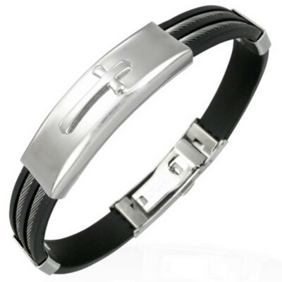 Stainless Steel Black Rubber Religious Cross Twisted Cable Mens ...