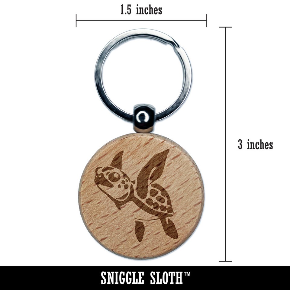 Baby Green Sea Turtle Swimming In Ocean Engraved Wood Round Keychain ...
