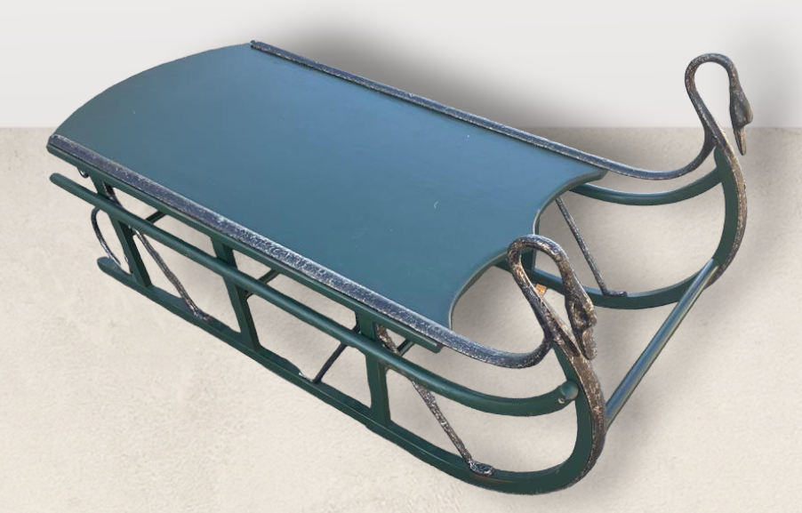 Tell City Sleigh Sled Cast Iron Swan Heads Coffee Table Green Local PU ...