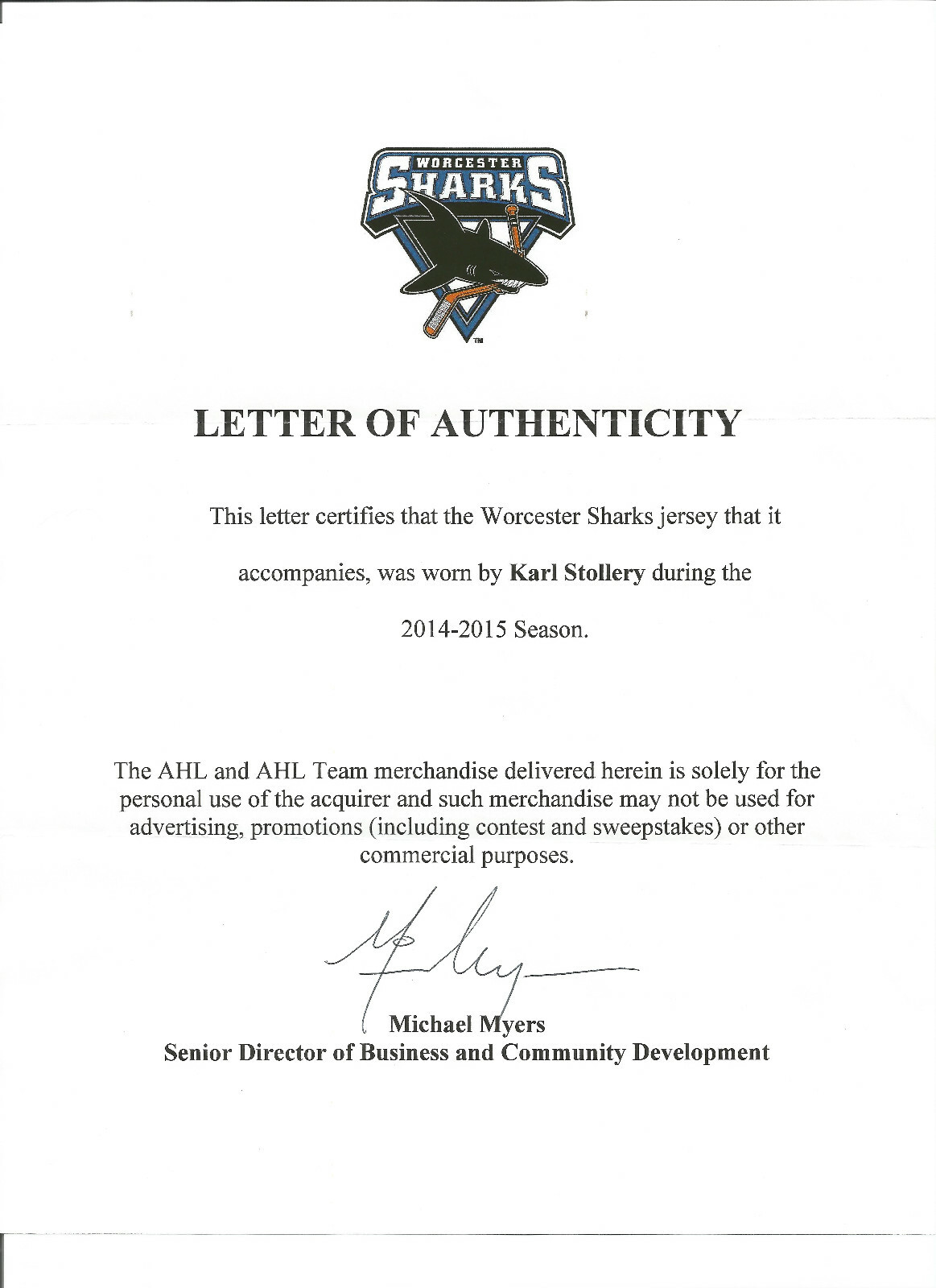 Karl Stollery #37 Worcester Sharks AHL Teal 14-15 Game Worn Minor ...