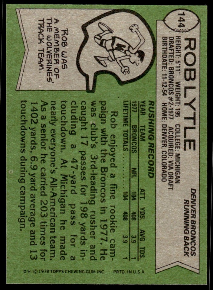 1978 TOPPS ROB LYTLE RC DENVER BRONCOS #144 | eBay