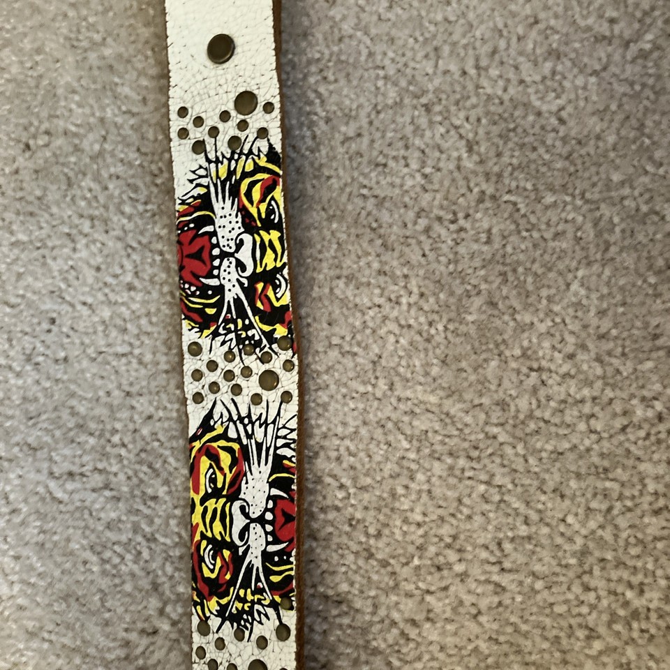 Ed Hardy Ivory Leather belt Tiger & Embroidered Antique Script Logo | eBay