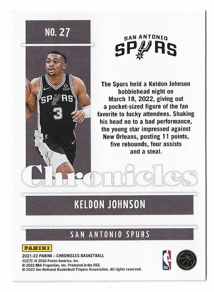 2021-22 Panini Chronicles Basketball Keldon Johnson Card #27 San ...