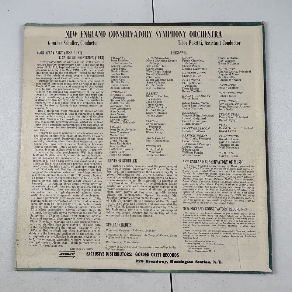 New England Conservatory Symphony Orchestra - The Rite of Spring LP ...