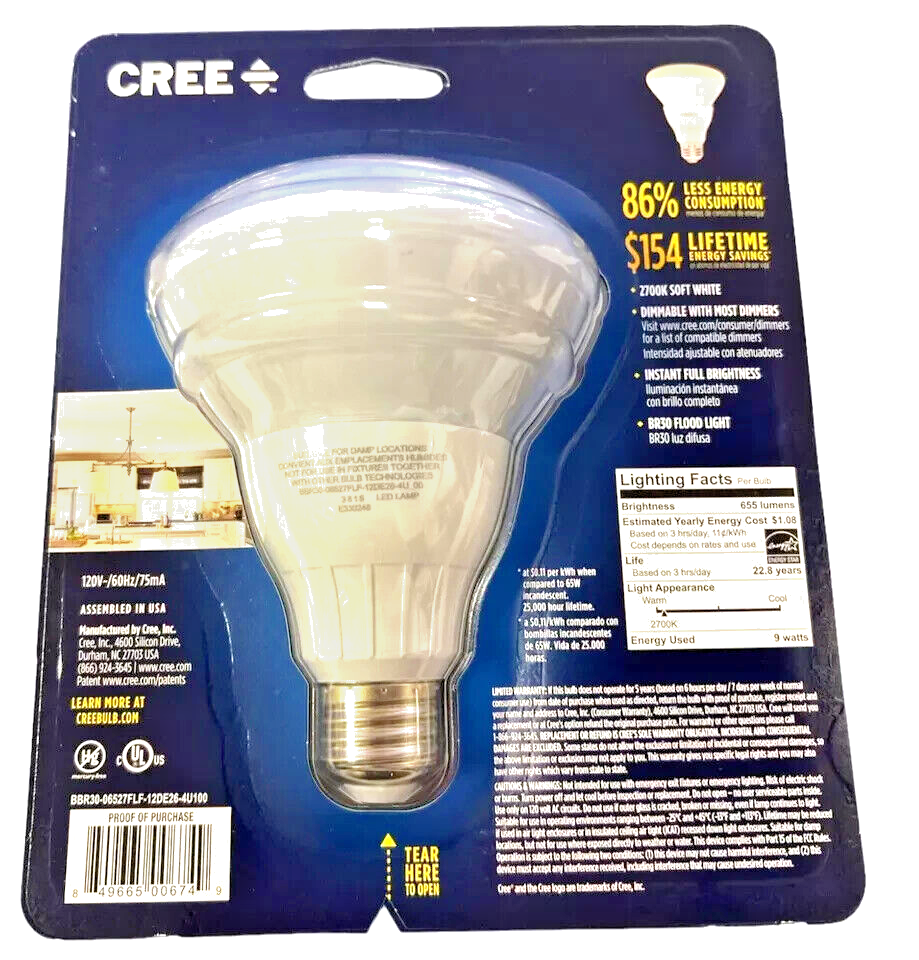 2 Pack CREE 65 W / 9W LED Soft White 2700K BR30 Flood Dimmable Light ...