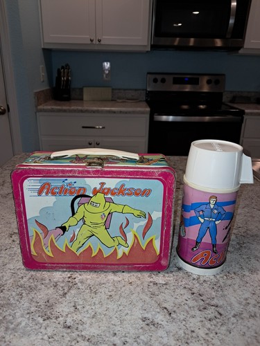 1973 Action Jackson Lunch Box & Thermos * Vintage * Lunchbox tin kit ...