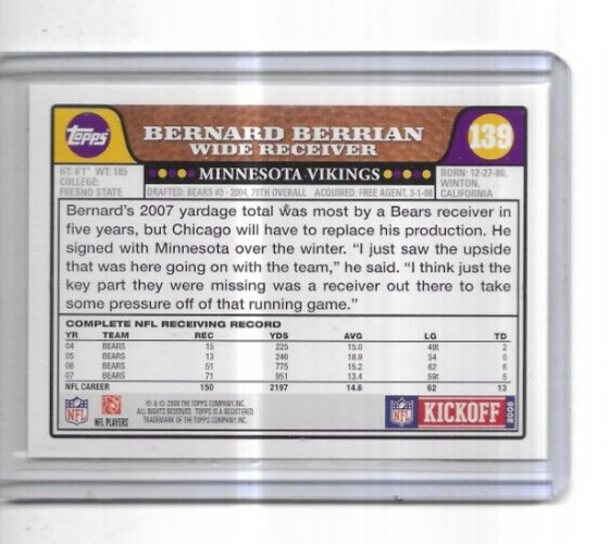 2008 Topps NFL Kickoff #139 Bernard Berrian Minnesota Vikings | eBay