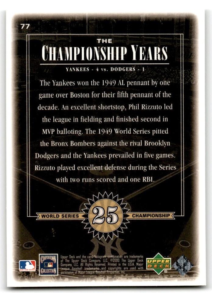 2000 UPPER DECK YANKEES LEGENDS PHIL RIZZUTO '49 NEW YORK YANKEES #77 ...