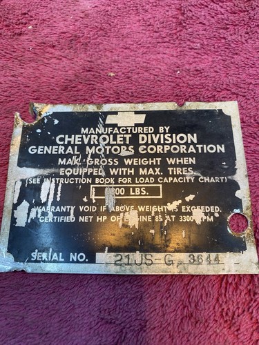 1947 1948 1948 1950 1951 1952 Chevrolet 1/2 TON PICKUP TRUCK BODY TAG ...