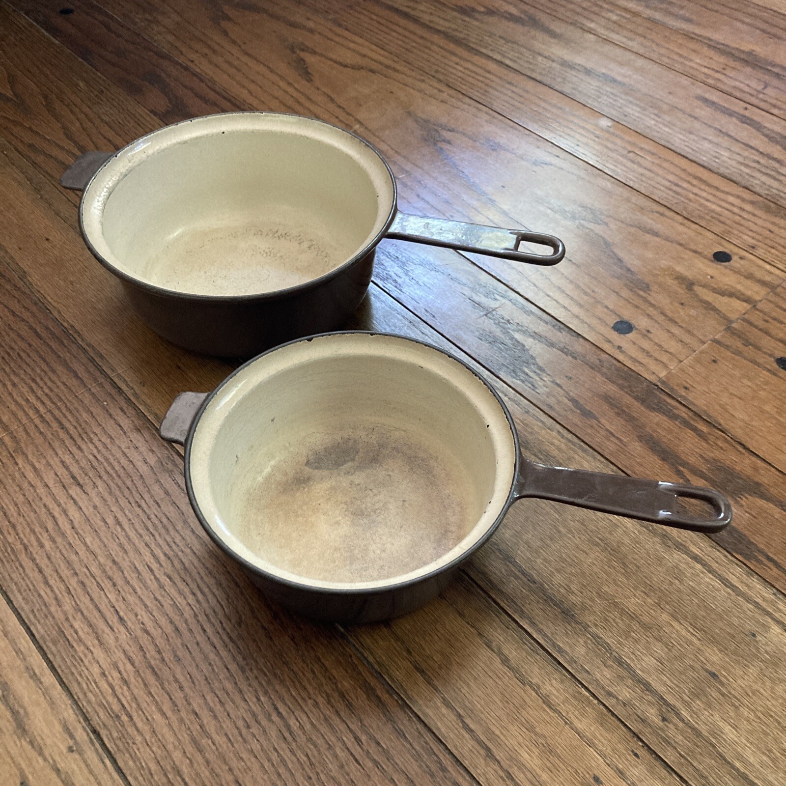 Vtg #18 #22 Lot Cousances LE CREUSET Cast Iron Brown Enamel Sauce Pan 1 ...