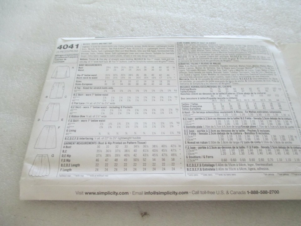 Simplicity 4041 Misses' Skirts and Knit Top 4 6 8 10 12 Sewing Pattern ...
