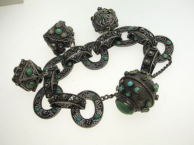 VINTAGE MIDDLE EASTERN 800 SILVER LARGE CHARMS BRACELET WITH TURQUOISE ...