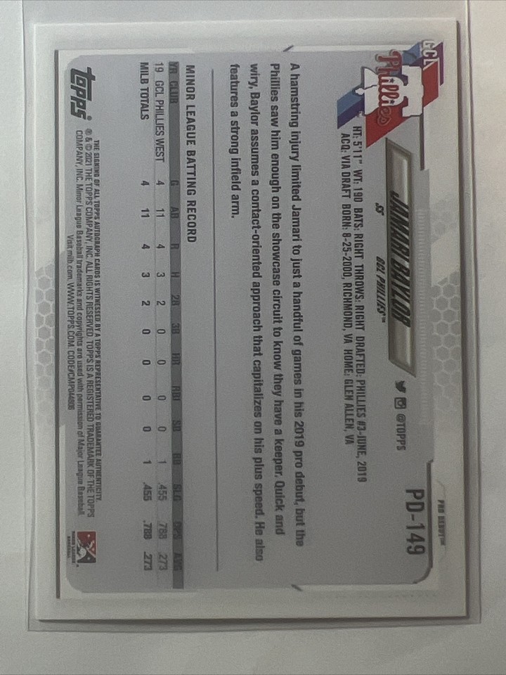 JAMARI BAYLOR 2021 TOPPS PRO DEBUT AUTO #PD-149 PHILLIES | eBay