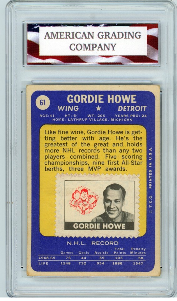 1969 Topps #61 Gordie Howe w/ Stamp AGC 3 VG Detroit Red Wings | eBay