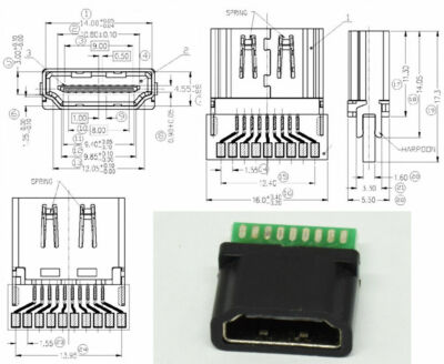 50pcs HDMI 19pin Female Socket with Breadboard Black Plastic Moulded ...