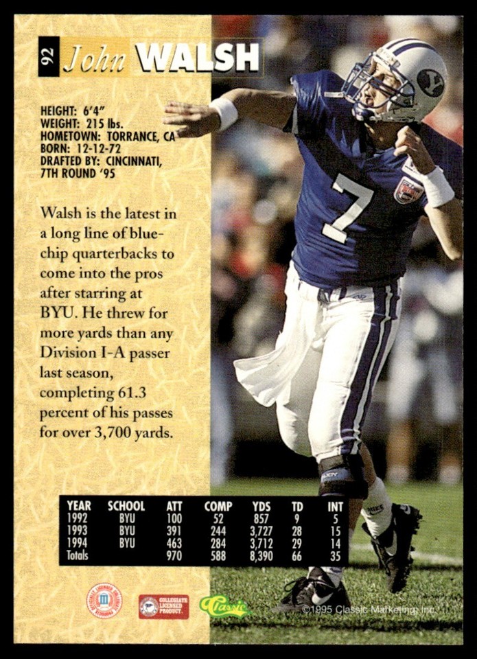 1995 Classic 5-Sport #92 John Walsh Rookie Cincinnati Bengals | eBay