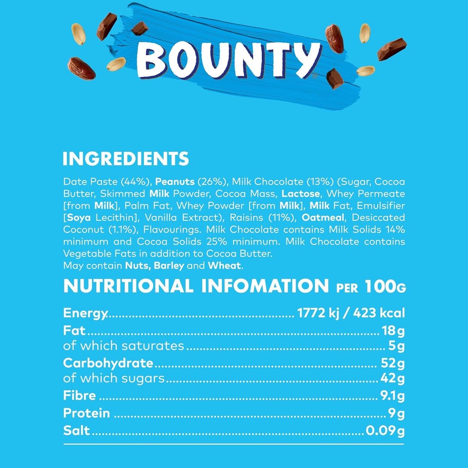 Bounty Fruit & Nut Milk Chocolate Snack Bars Multipack 4 Bars x 32g ...