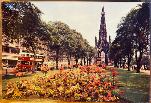 Scottish Postcard E PRINCES ST GARDENS Scott Monument Red Bus Scotland ...