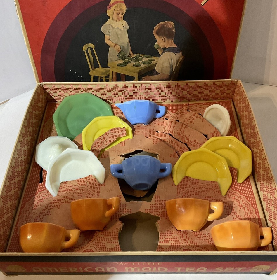 Vintage Akro Agate Co The Little American Maid Tea Set #335 Gypsy 13 Pc ...