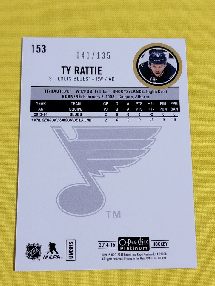 2014-15 O-Pee-Chee Platinum Ty Rattie 041/135 Red Prism Rookie RC #153 ...