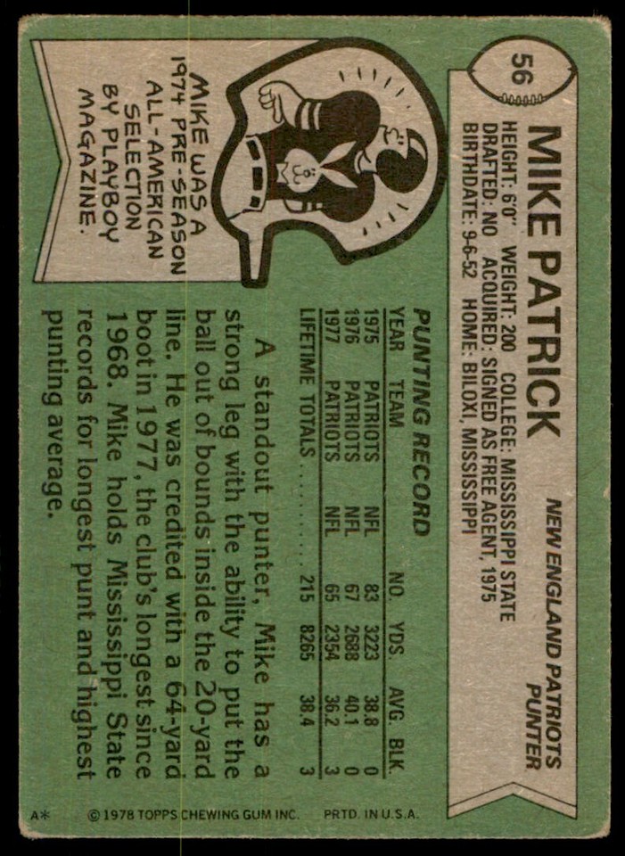 1978 TOPPS MIKE PATRICK NEW ENGLAND PATRIOTS #56 | eBay