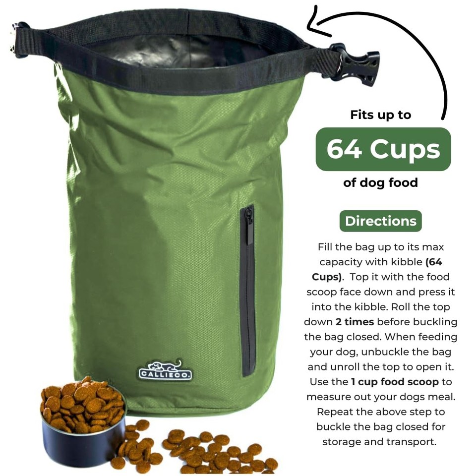 Dog Food Travel Bag w/ 1 Cup Scoop and Zipper Side Pocket | Waterproof ...