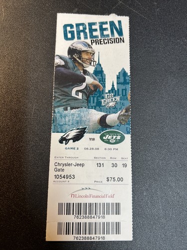 PHILADELPHIA EAGLES JETS 2008 SUITE GAME TICKET LINC 8/28/08 AKERS | eBay