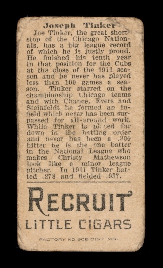 1912 T207 Recruit Set-Break Joseph Tinker LOW GRADE (crease) *GMCARDS ...