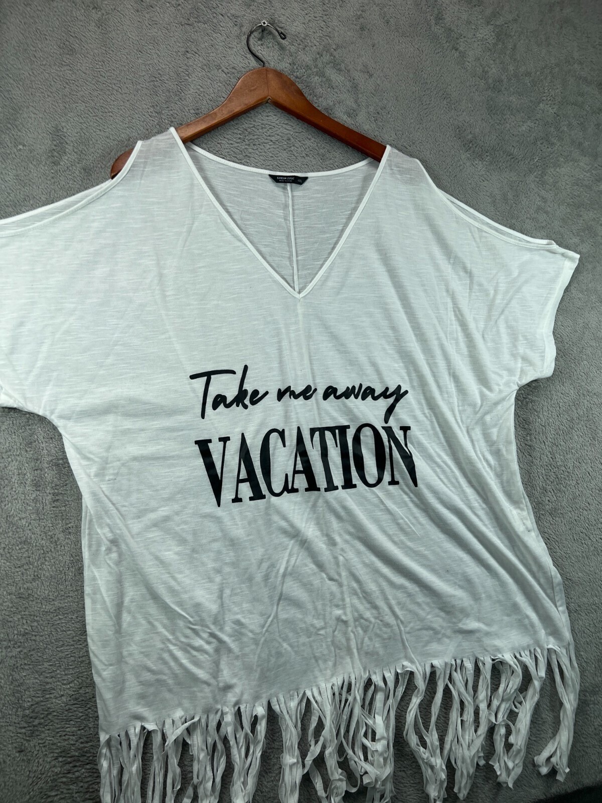 Shien Curve Womens 4XL Vacation White T Shirt Boho Fringe V Neck ...